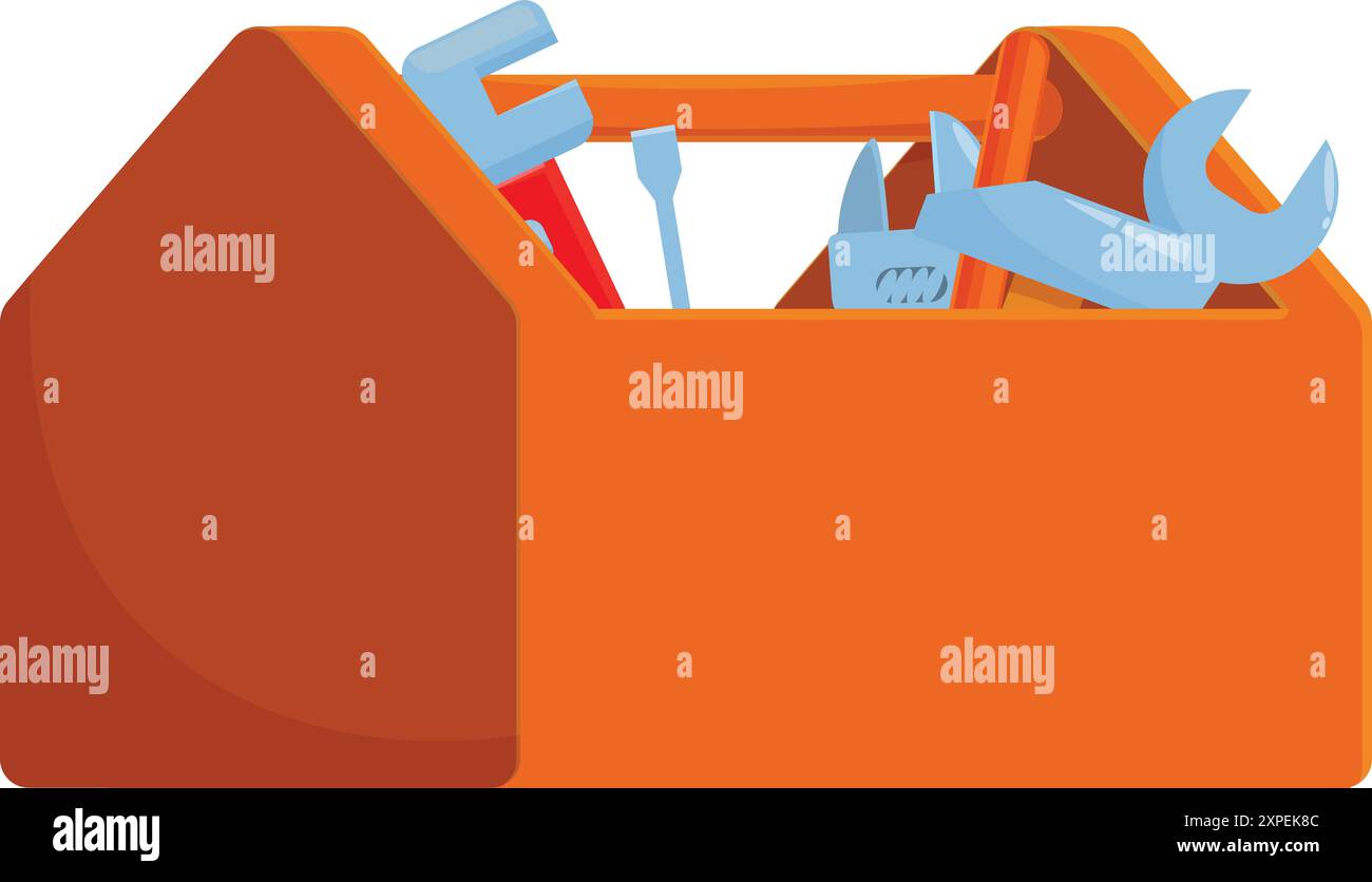 Classic orange toolbox is holding various tools for construction and ...