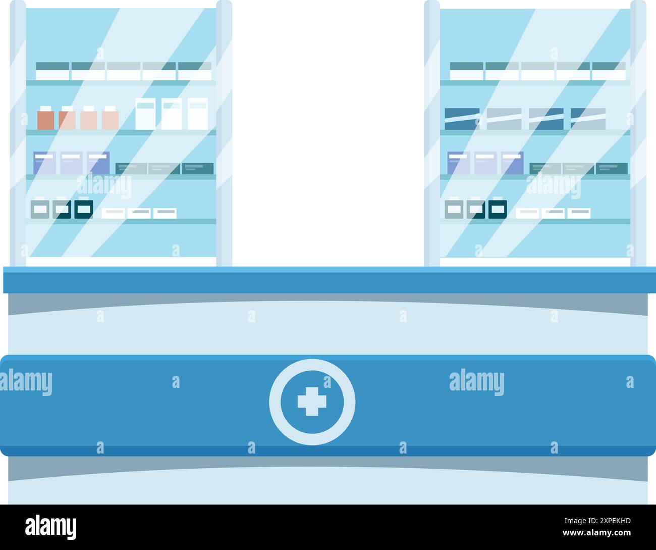 Empty pharmacy drugstore counter with medications displayed on shelves ...