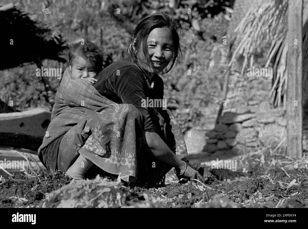 A mother carries her baby while planting a cropin the middle hills ...