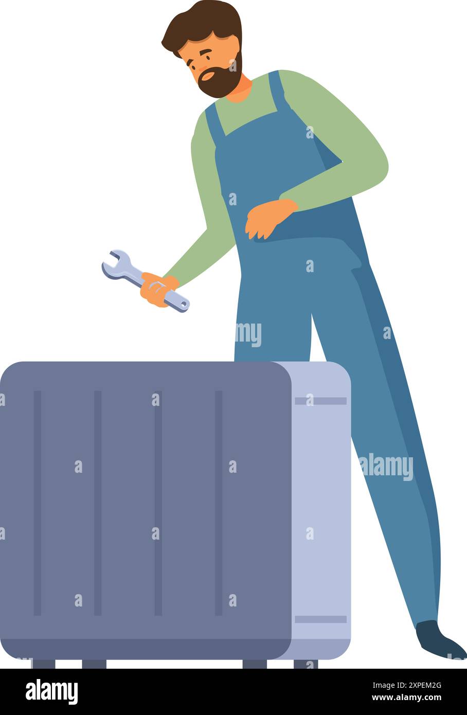 Repairman in uniform is fixing a washing machine using a wrench Stock ...