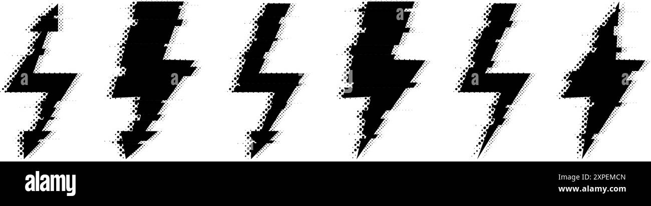 Halftone grunge lightning bolt collection. Dotted thunder bolt symbol ...