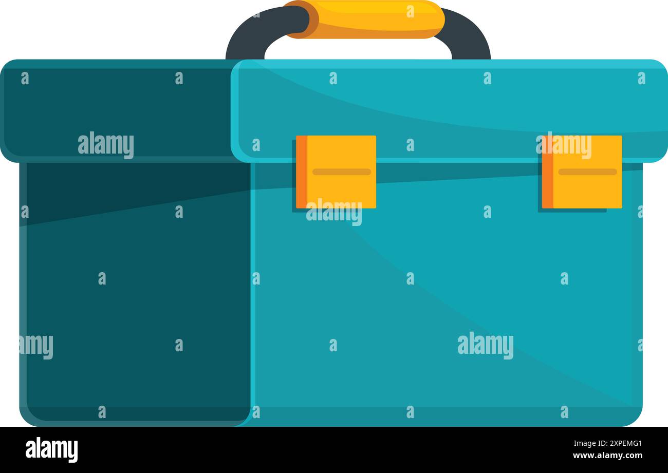 Closed metallic toolbox with a yellow handle is standing on a white ...