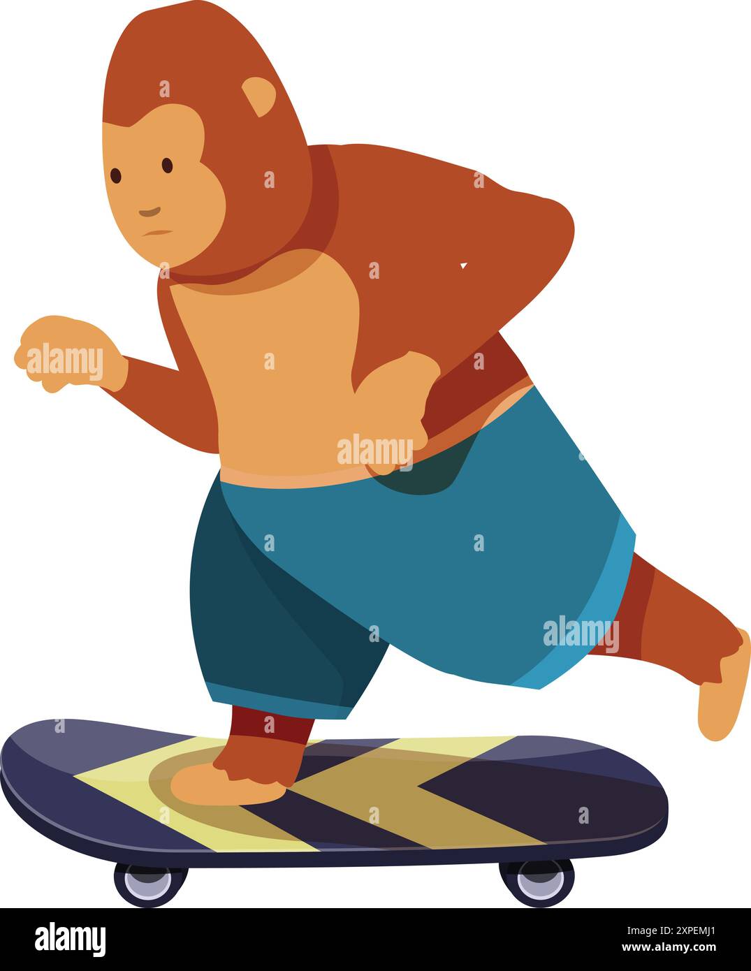 Cartoon chimpanzee wearing blue shorts keeping balance on a skateboard ...