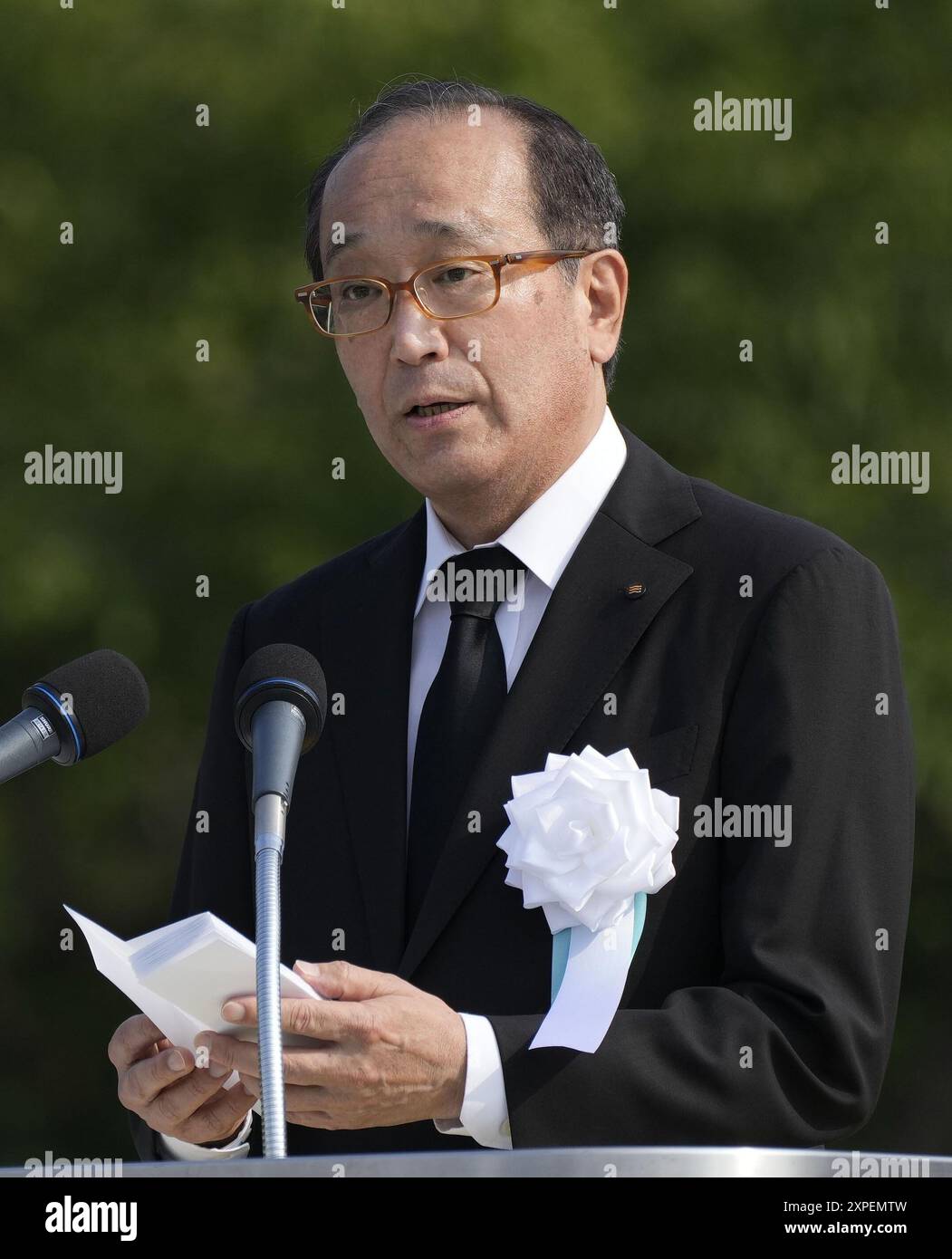 Tokyo, Japan. 06th Aug, 2024. Hiroshima Mayor Kazumi Matsui delivers a ...