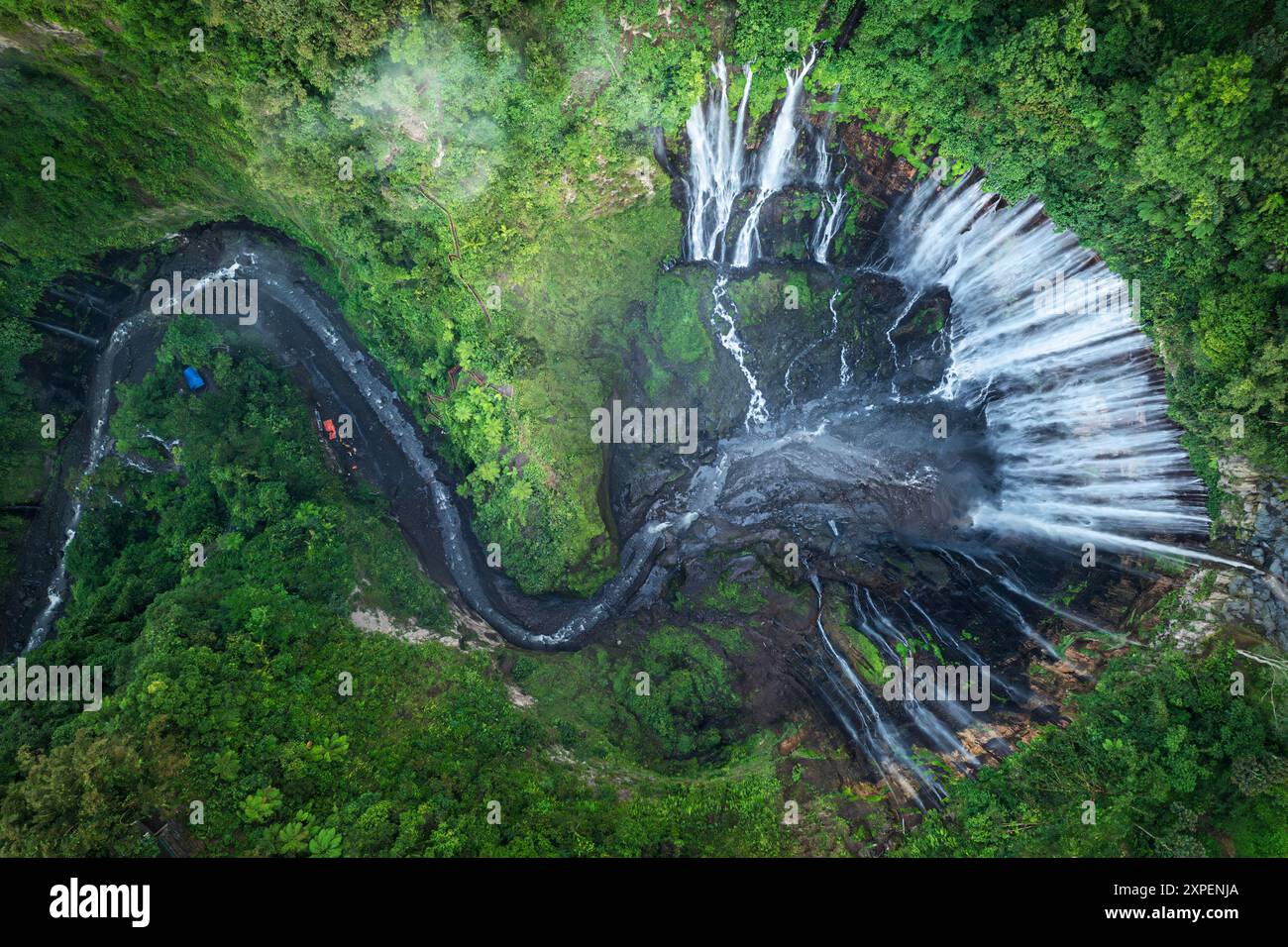 Aerial view of Tumpak Sewu waterfall and Semeru mountain, East java ...