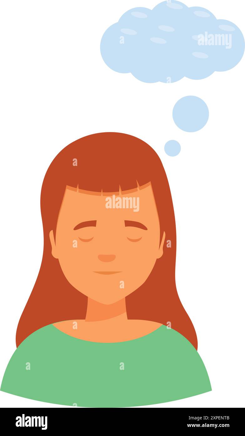 Cartoon illustration featuring a young woman with closed eyes, deep in ...