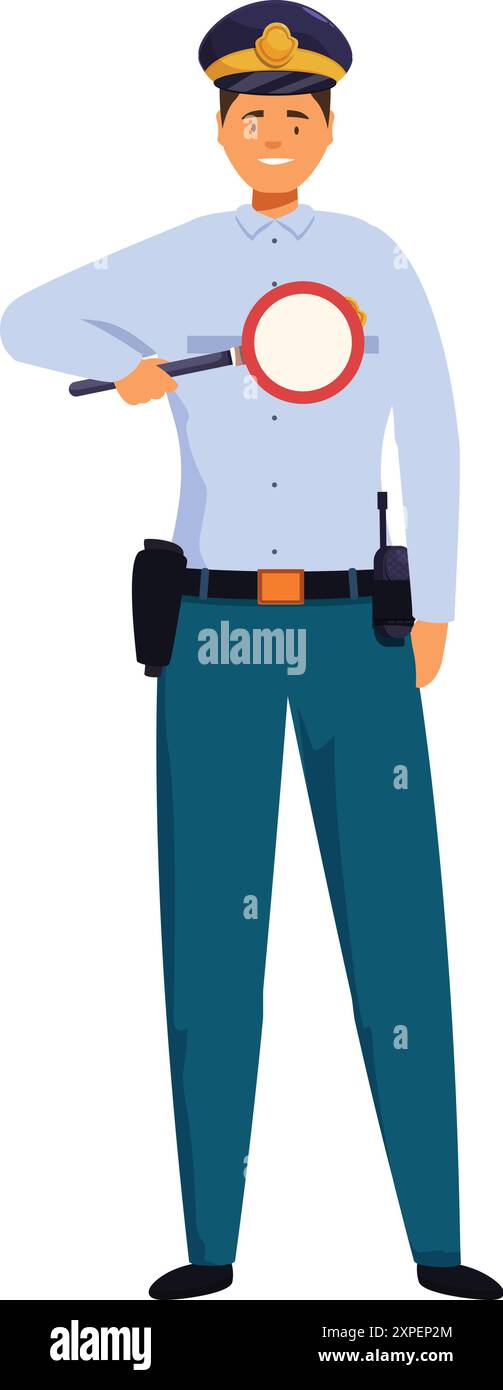 Smiling police officer holding stop sign, security guard character ...