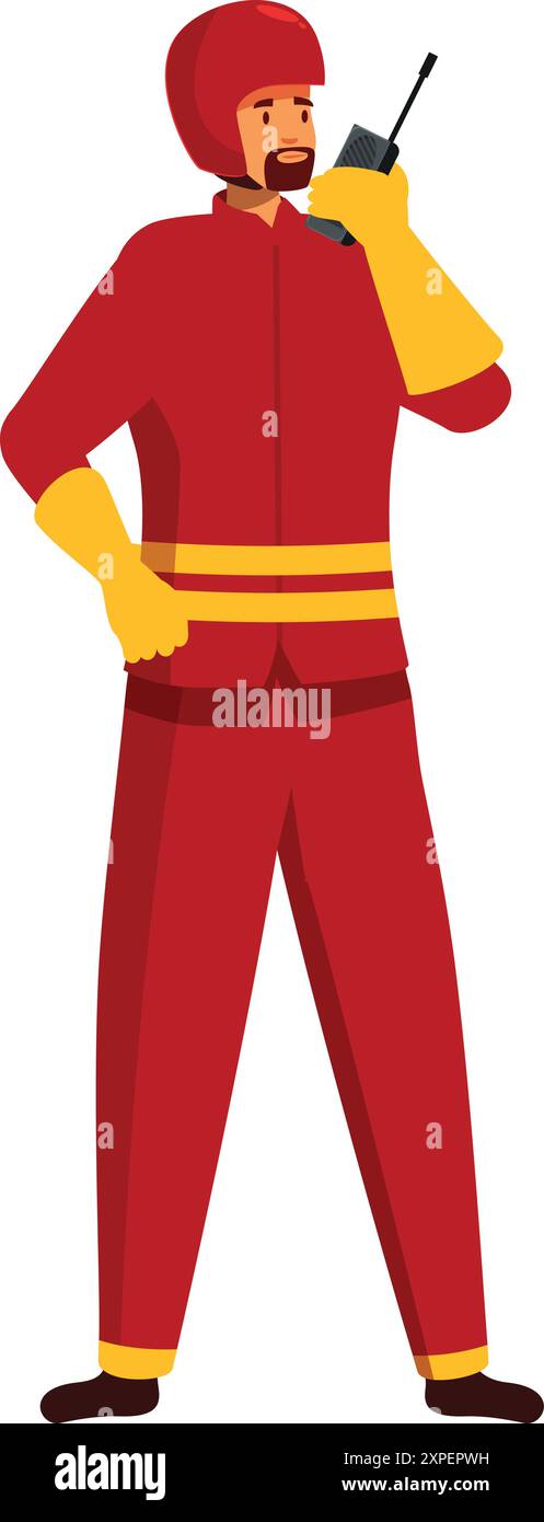 Race car driver wearing a red racing suit and helmet is using a walkie ...