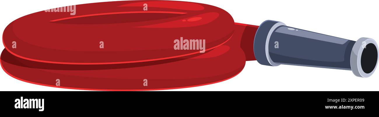 Red fire hose coiled up lying on the ground, fire safety and ...