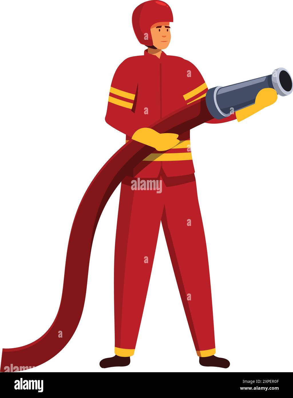 Fireman holding fire hose, emergency service worker fighting fire, professional firefighter ...