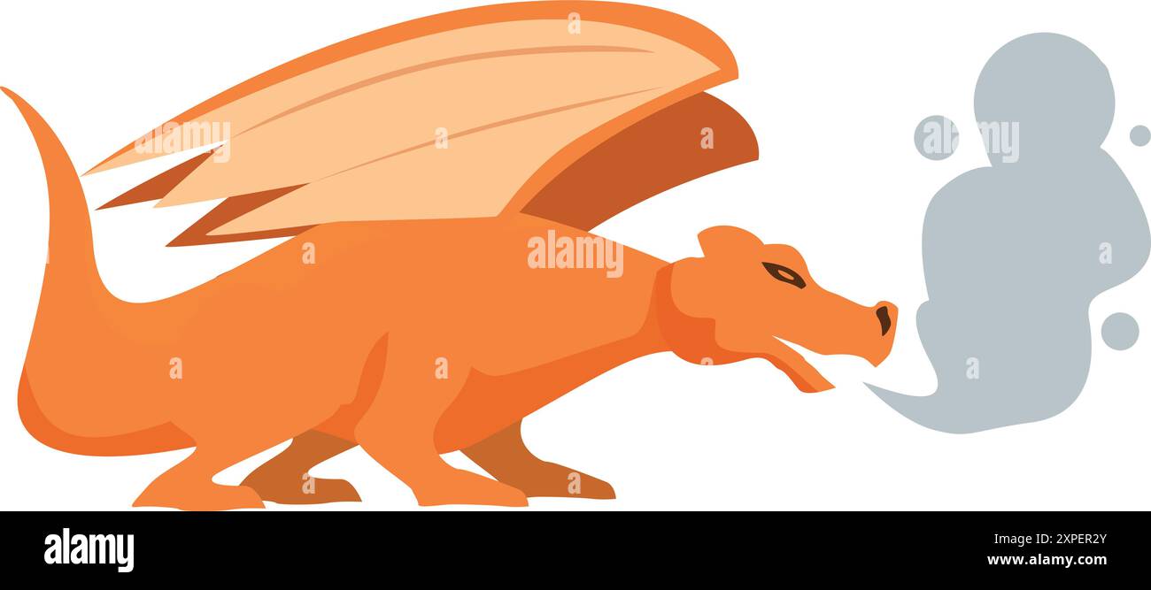 Cartoon illustration of a big orange dragon breathing smoke on white ...