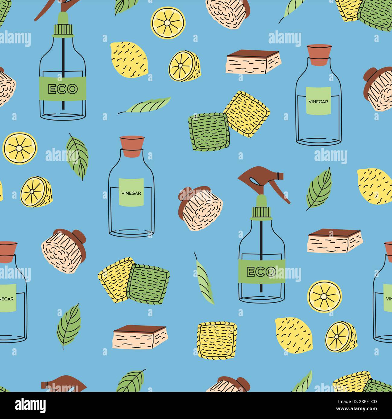 Seamless pattern with eco-friendly cleaning products. Organic natural ...