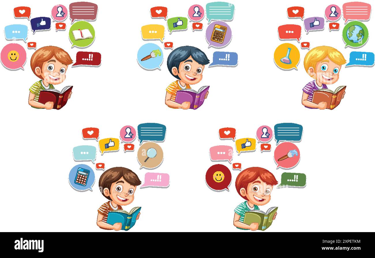 Kids reading books with various thought icons Stock Vector Image & Art ...