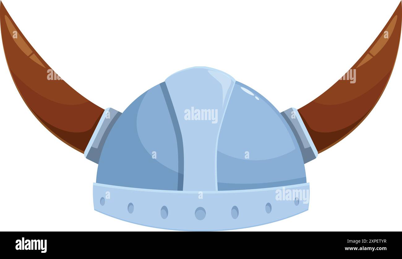Blue metal viking helmet with two large brown horns pointing upwards ...