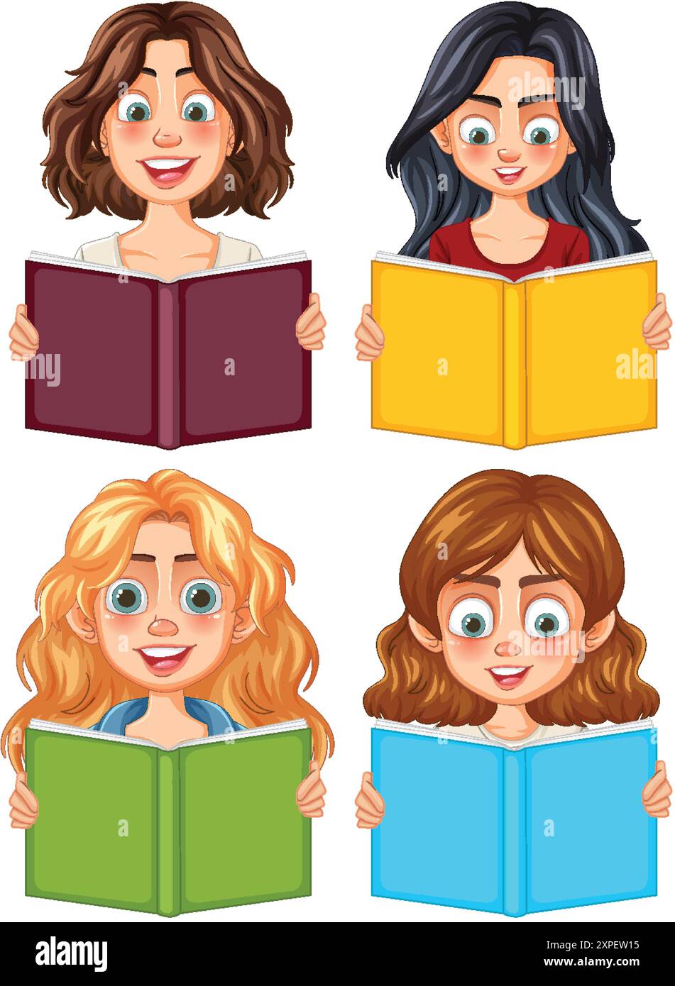 Four women enjoying reading different colored books Stock Vector Image ...