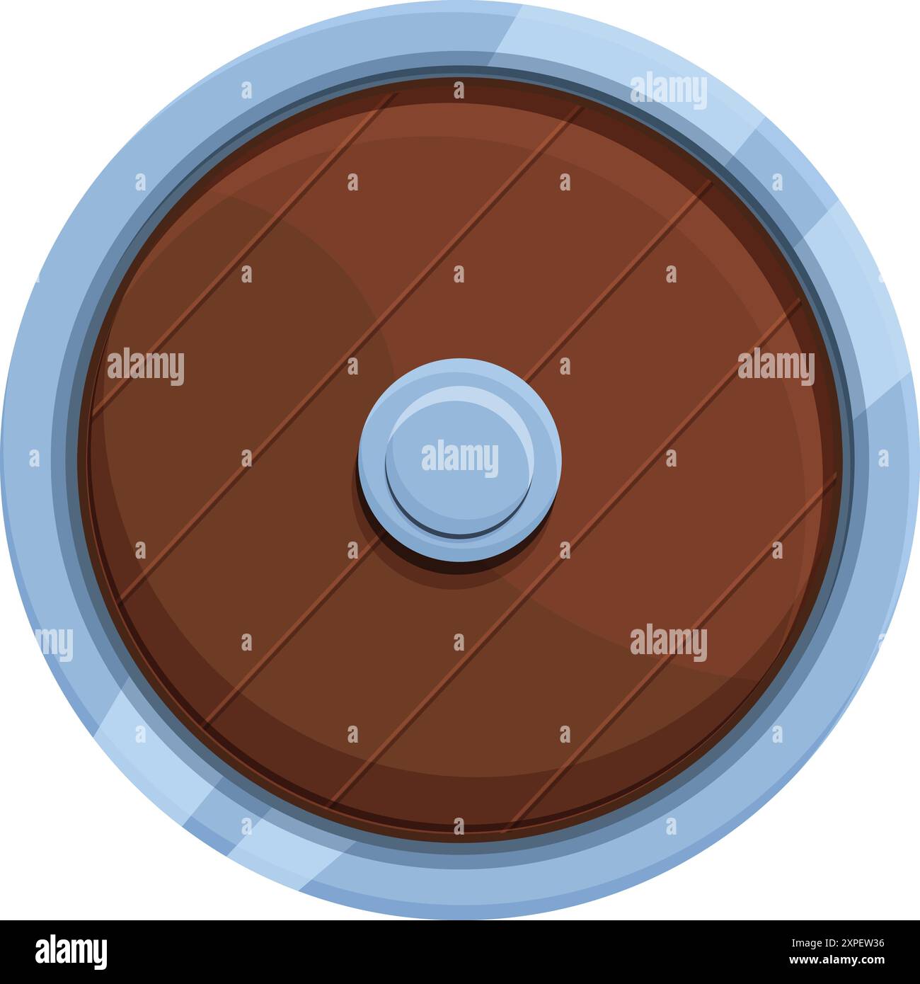 Round wooden shield with metal frame and a round metal protrusion in ...
