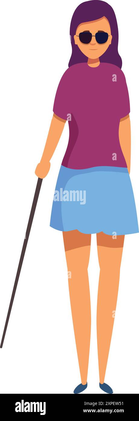 Young blind woman standing with cane wearing sunglasses cartoon ...
