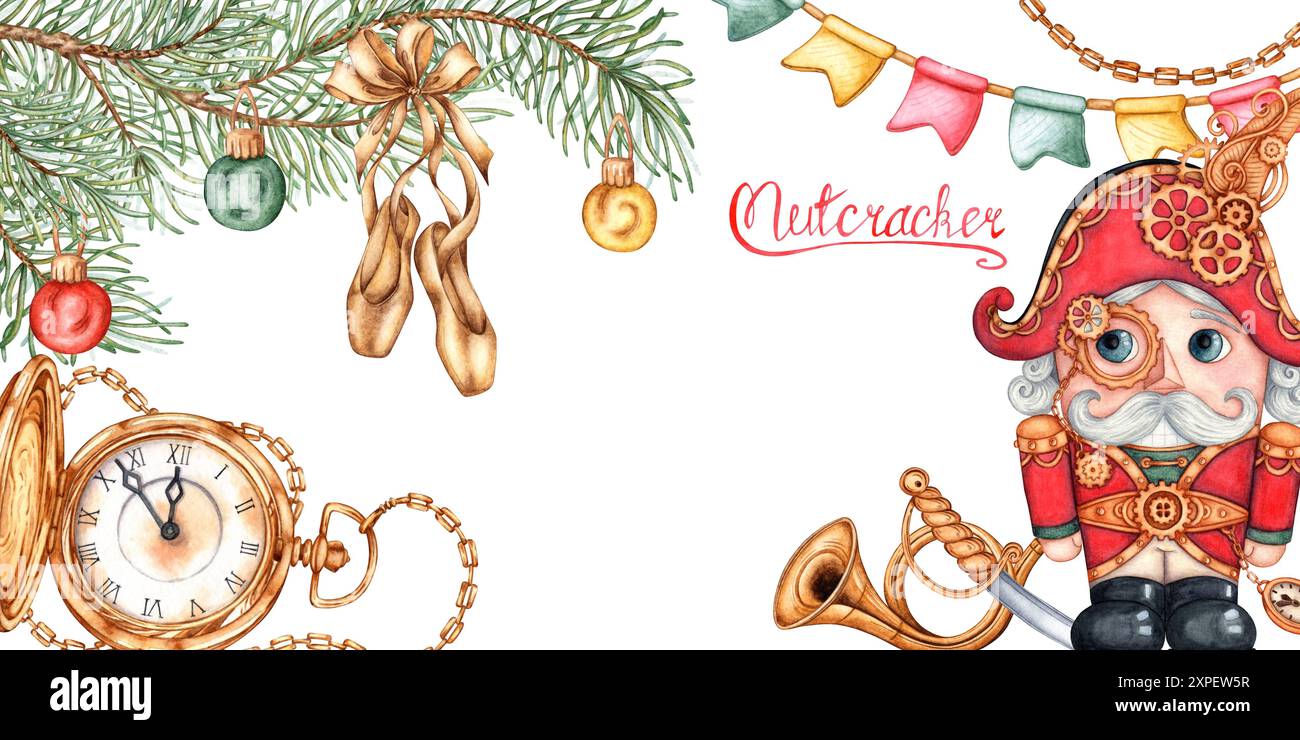 Nutcracker in steampunk style with fir branches and gold clock ...