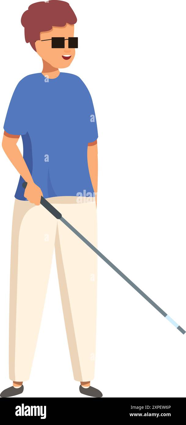 Blind person standing with white cane smiling and wearing sunglasses ...