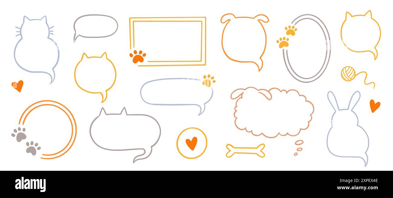 Cat dog pet frame, speech bubble cute set. Hand drawn sketch doodle ...