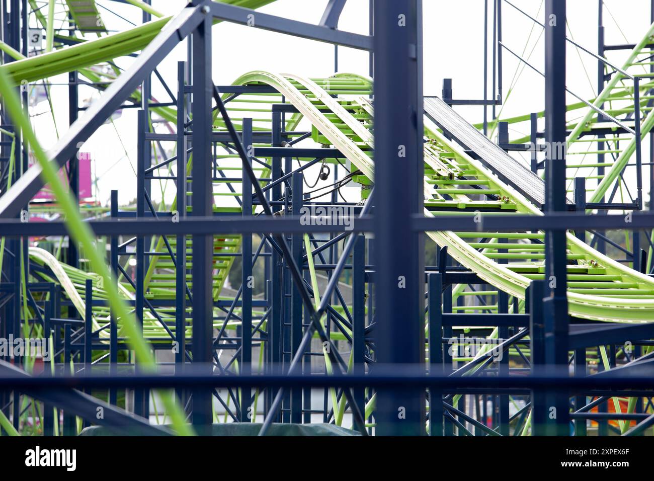 A view of the structure system of a green and blue colored roller ...