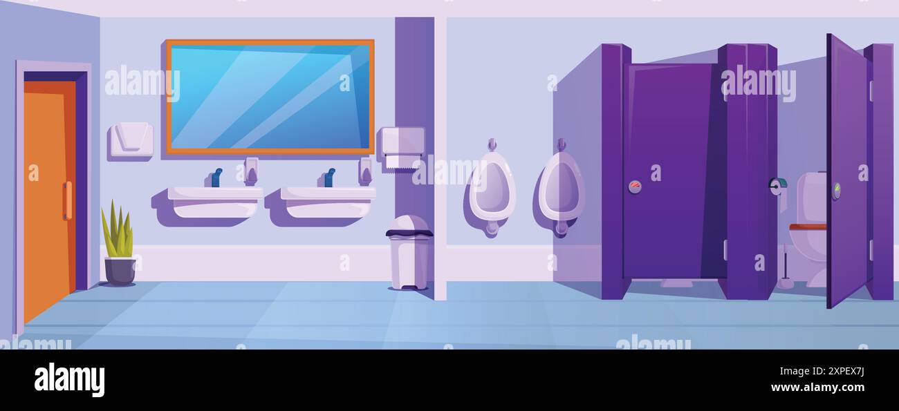 Contemporary public restroom featuring purple stalls, urinals, and a ...