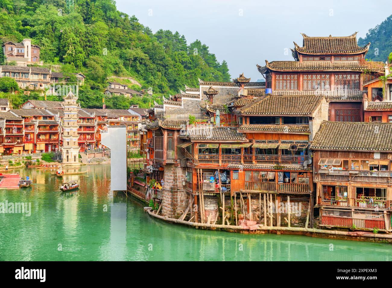 Awesome view of the Tuojiang River and old riverside houses Stock Photo ...