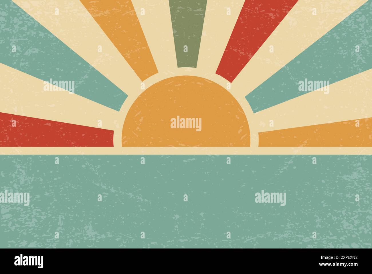 Sunrise retro background. Vector summer 70s poster with beams and sea ...
