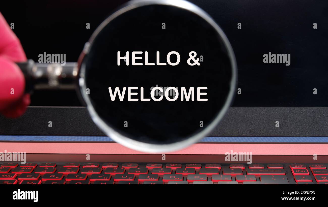Hello and welcome symbol. Concept words Hello and welcome through a ...
