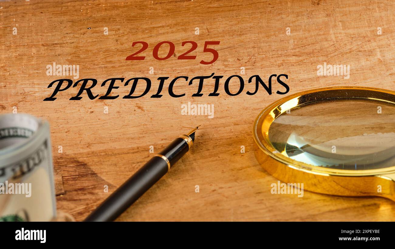 Text 2025 predictions on papyrus in a composition with a magnifying ...