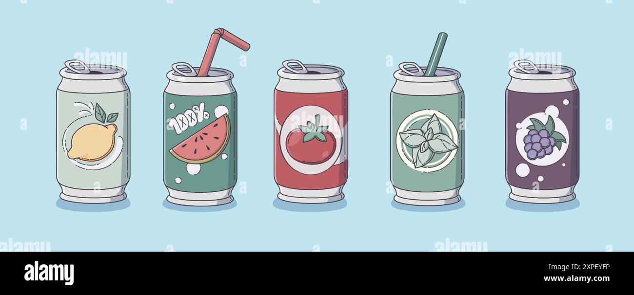 Open tin can with fruit, berry and vegetable fizzy soda and straw. Cute ...