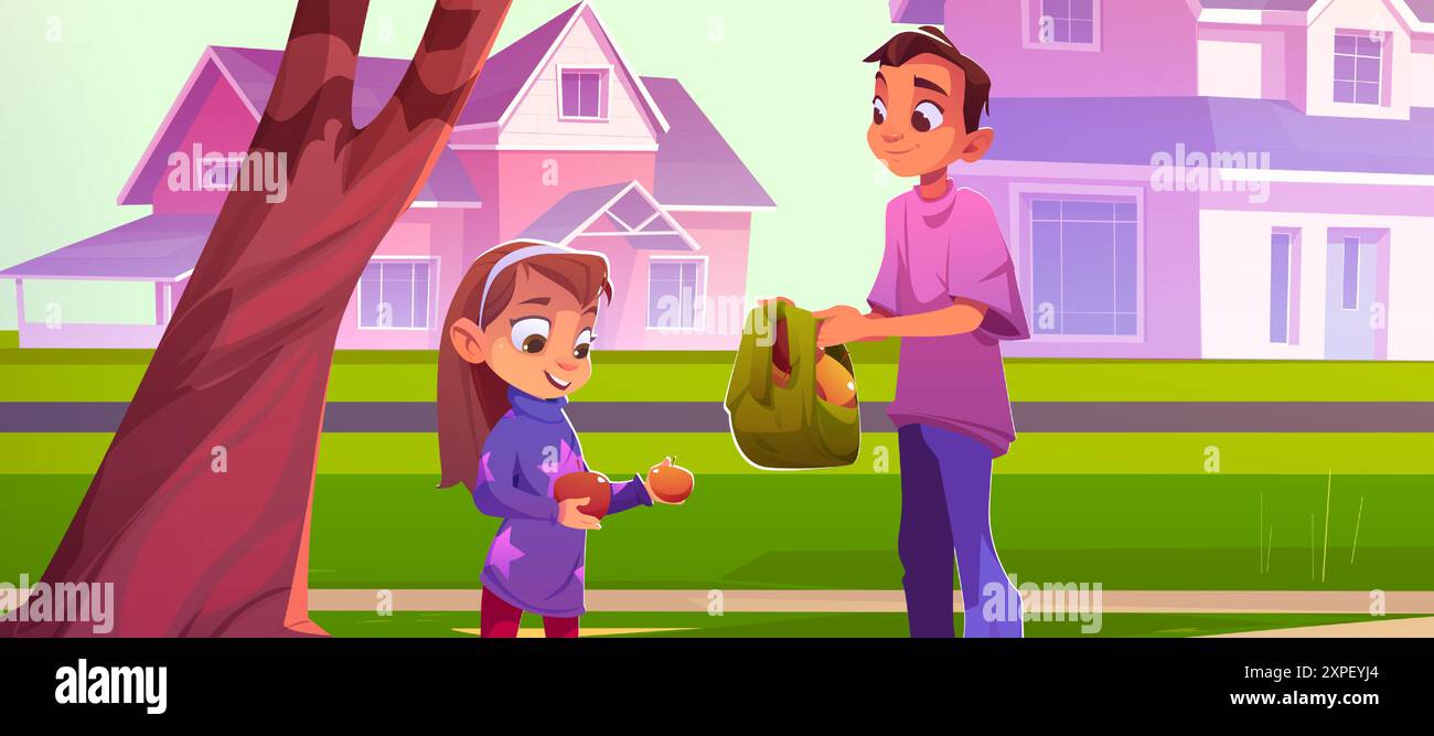 Teen brother giving apple to little sister. Vector cartoon illustration ...