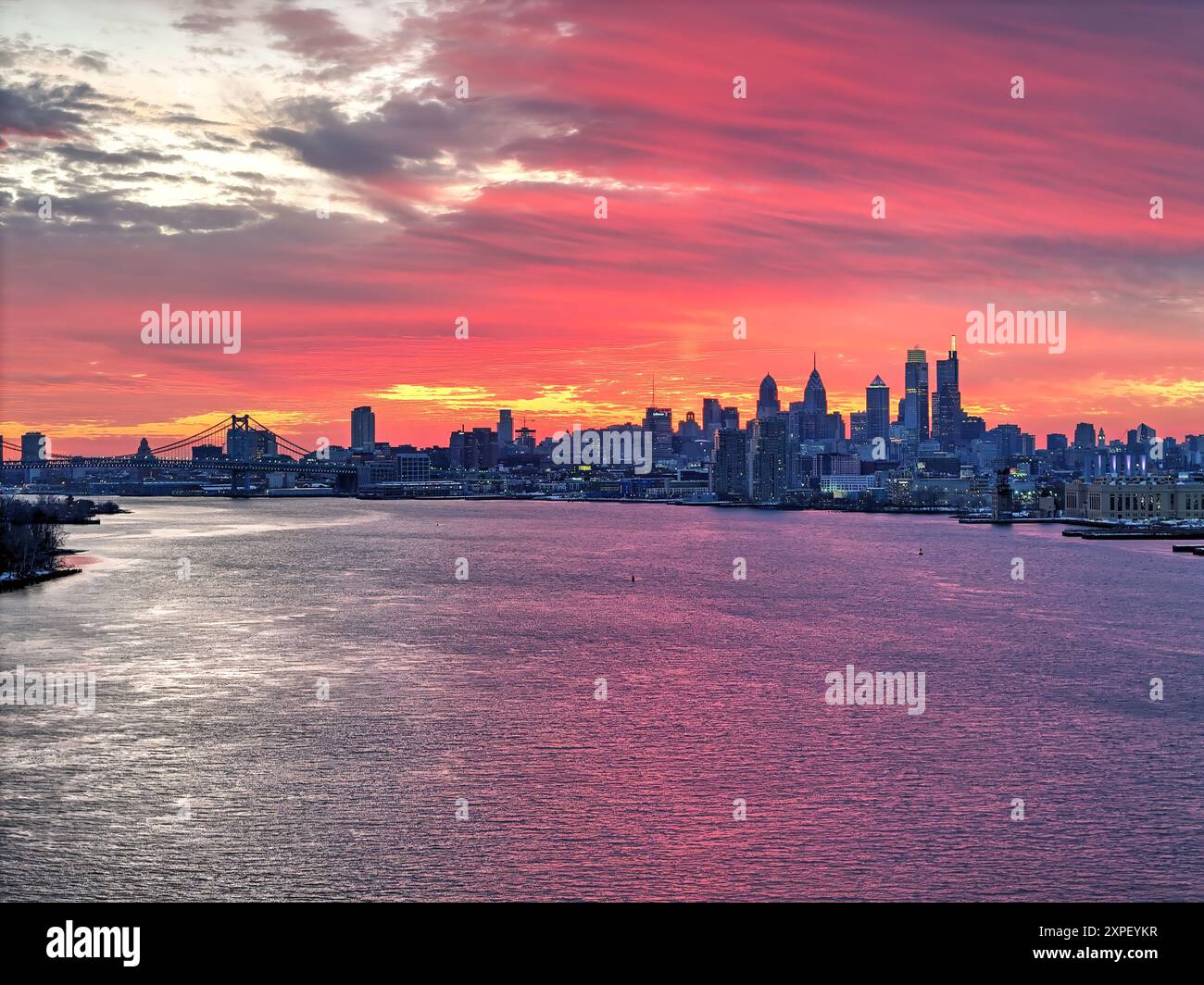 Aerial View of a Fire Sky Sunset over City of Philadelphia Stock Photo ...