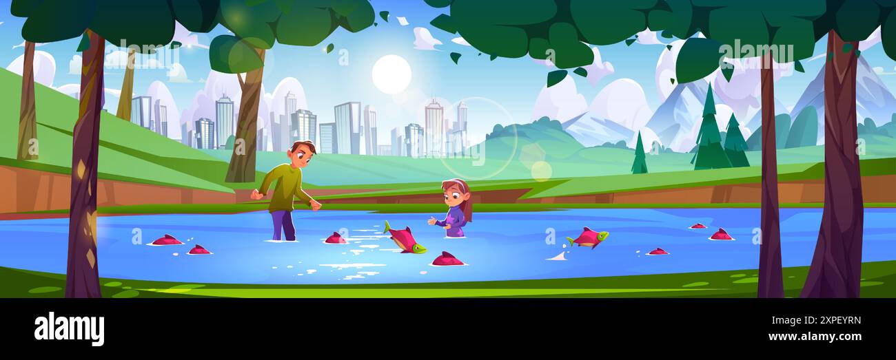 Children catching fish in city lake. Vector cartoon illustration teen ...