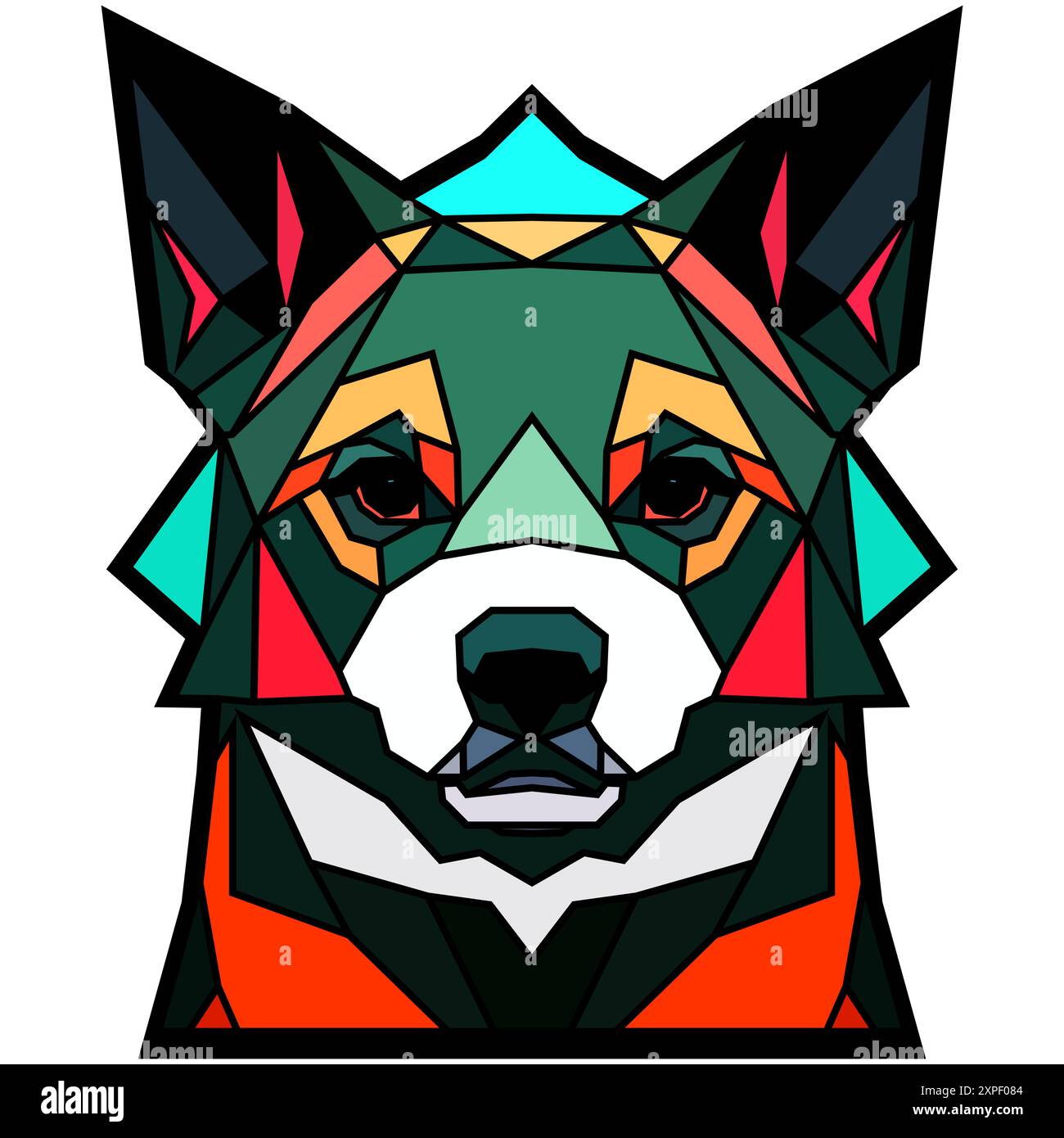 Dog head in a geometric style, black border, colored lines, polygon and ...