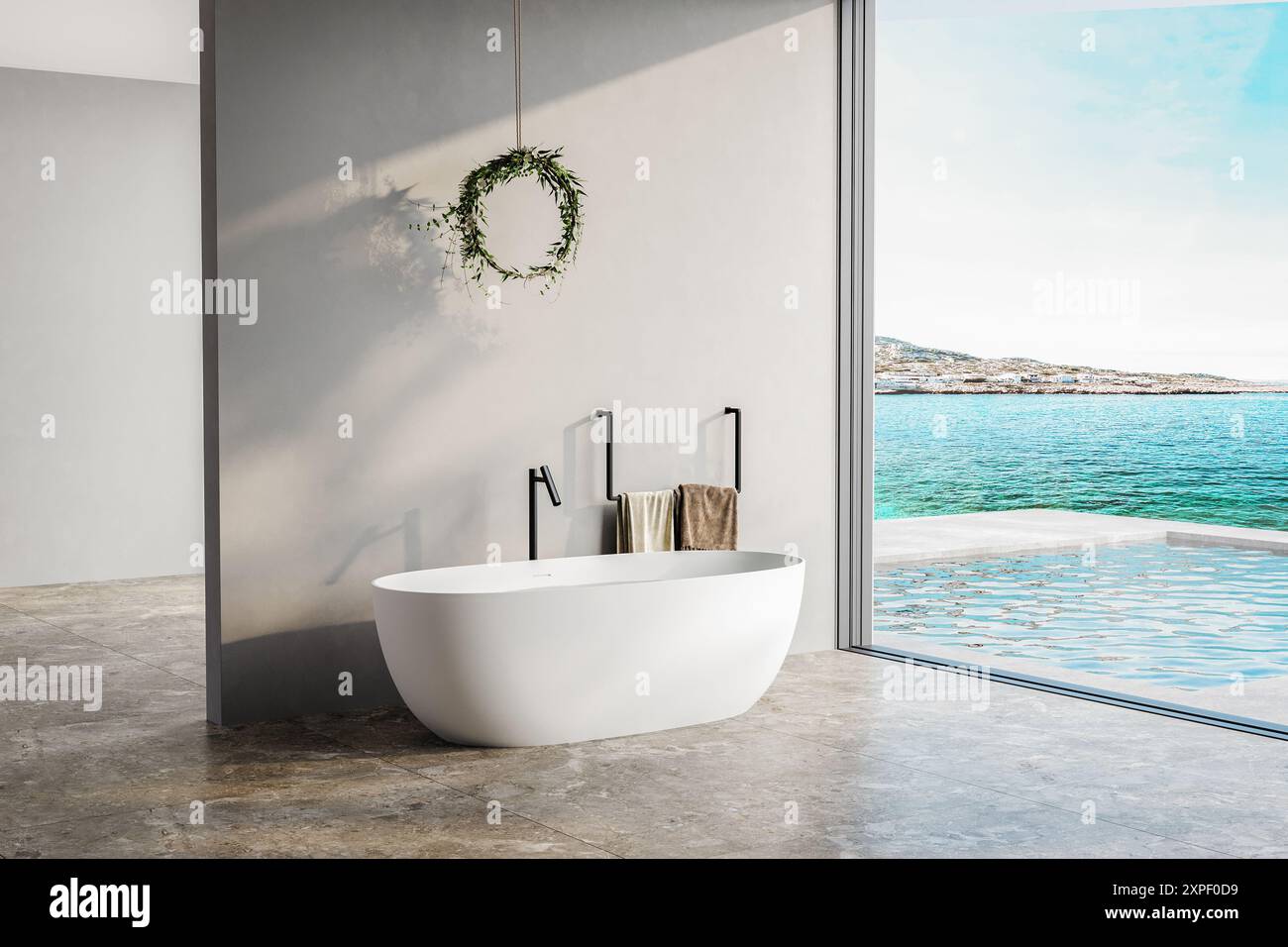 3D rendering of a modern bathroom with gray walls, white bathtub, green ...