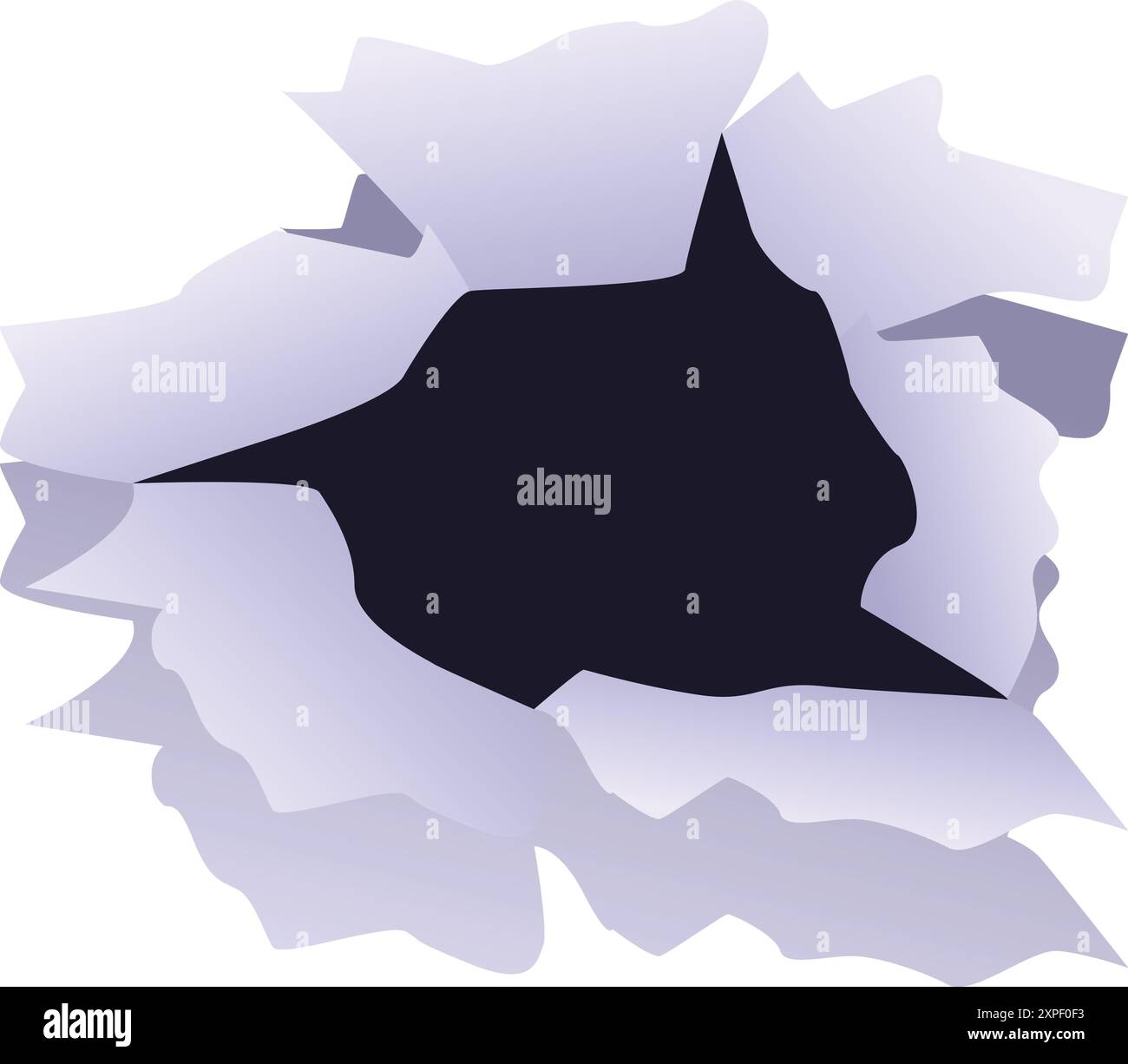 Hole with torn edges in a piece of white paper is revealing a dark void ...