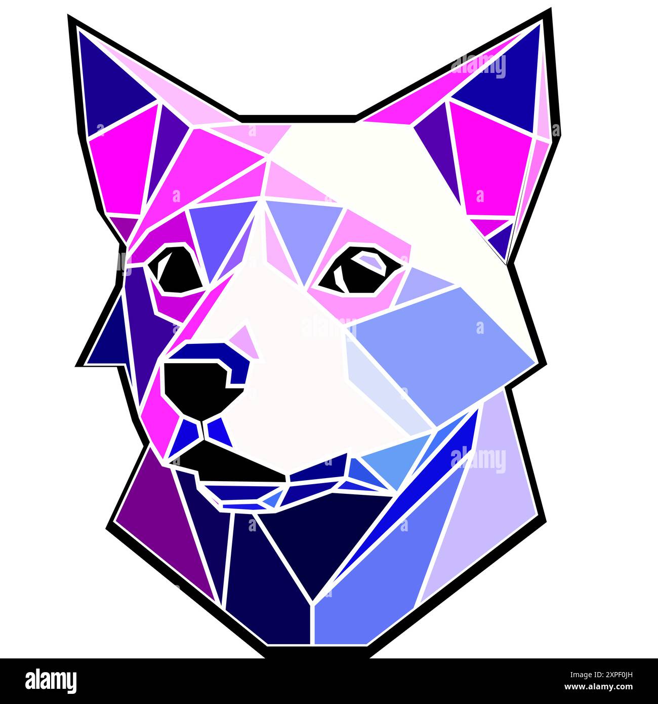 Dog head in a geometric style, black border, colored lines, polygon and ...