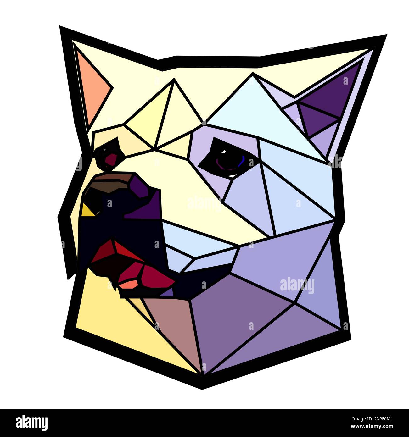 Dog head in a geometric style, black border, colored lines, polygon and ...