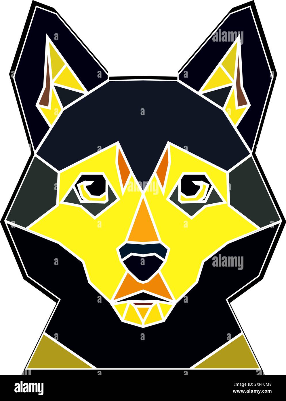 Dog head in a geometric style, black border, colored lines, polygon and ...