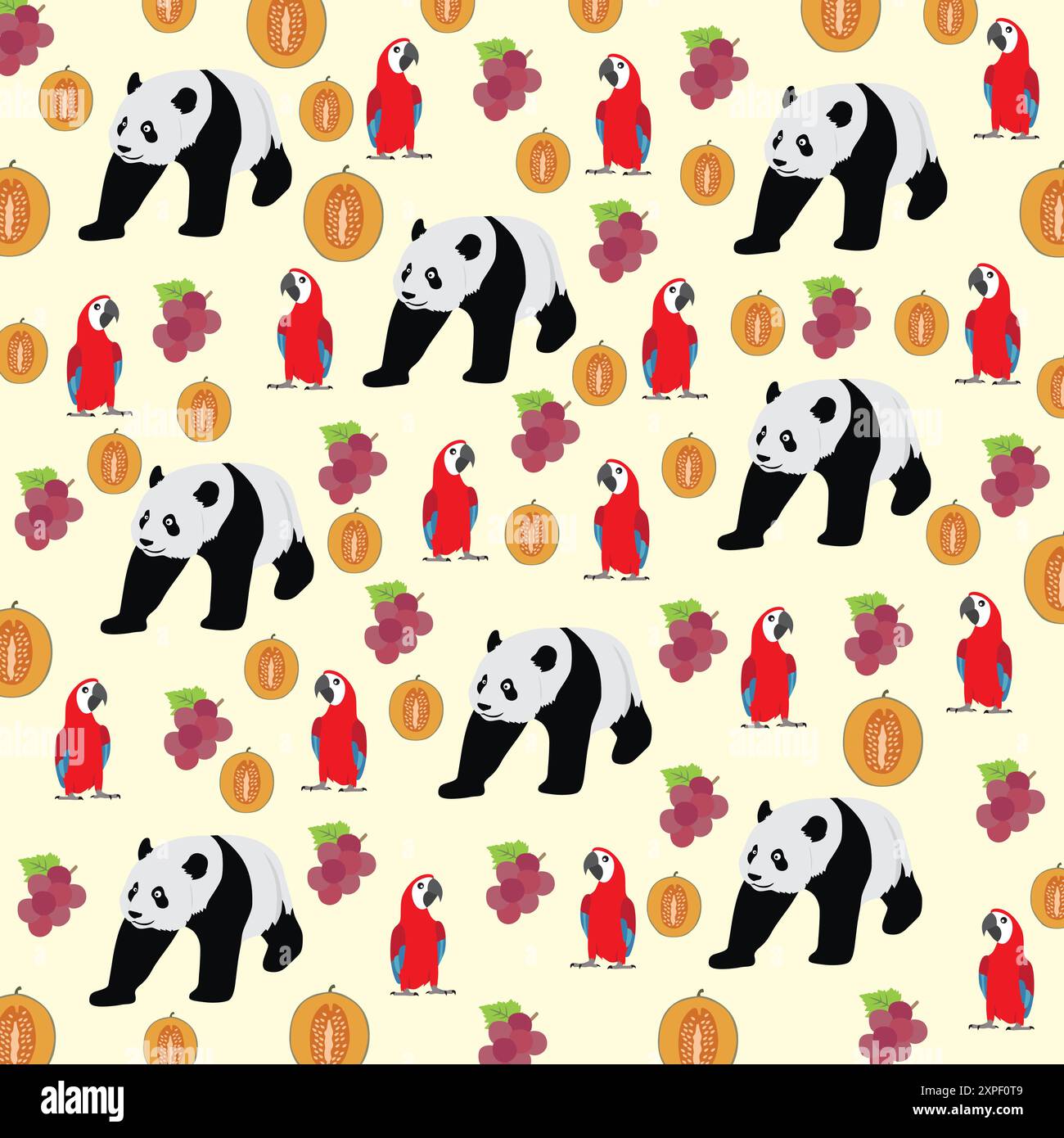 cute panda, parrot with grape and cantaloupe as a pattern background ...