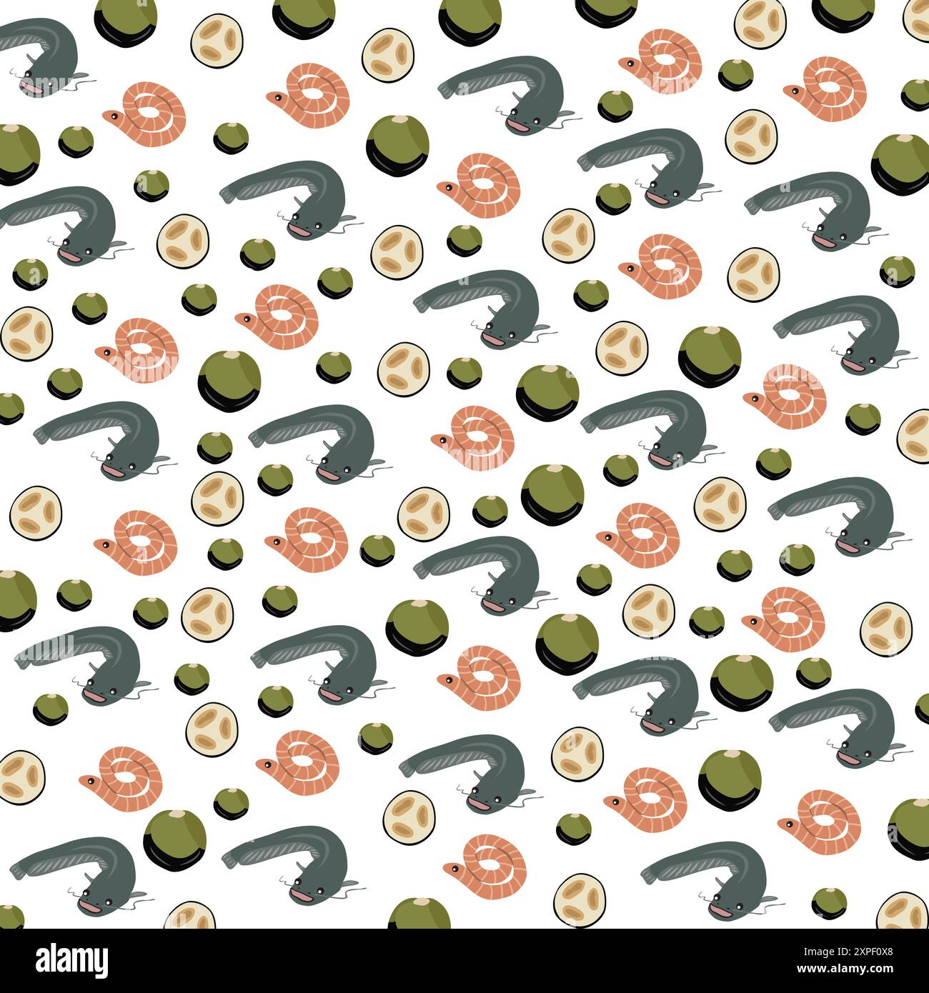 cute catfish, worms with fruit as a pattern background Stock Vector ...