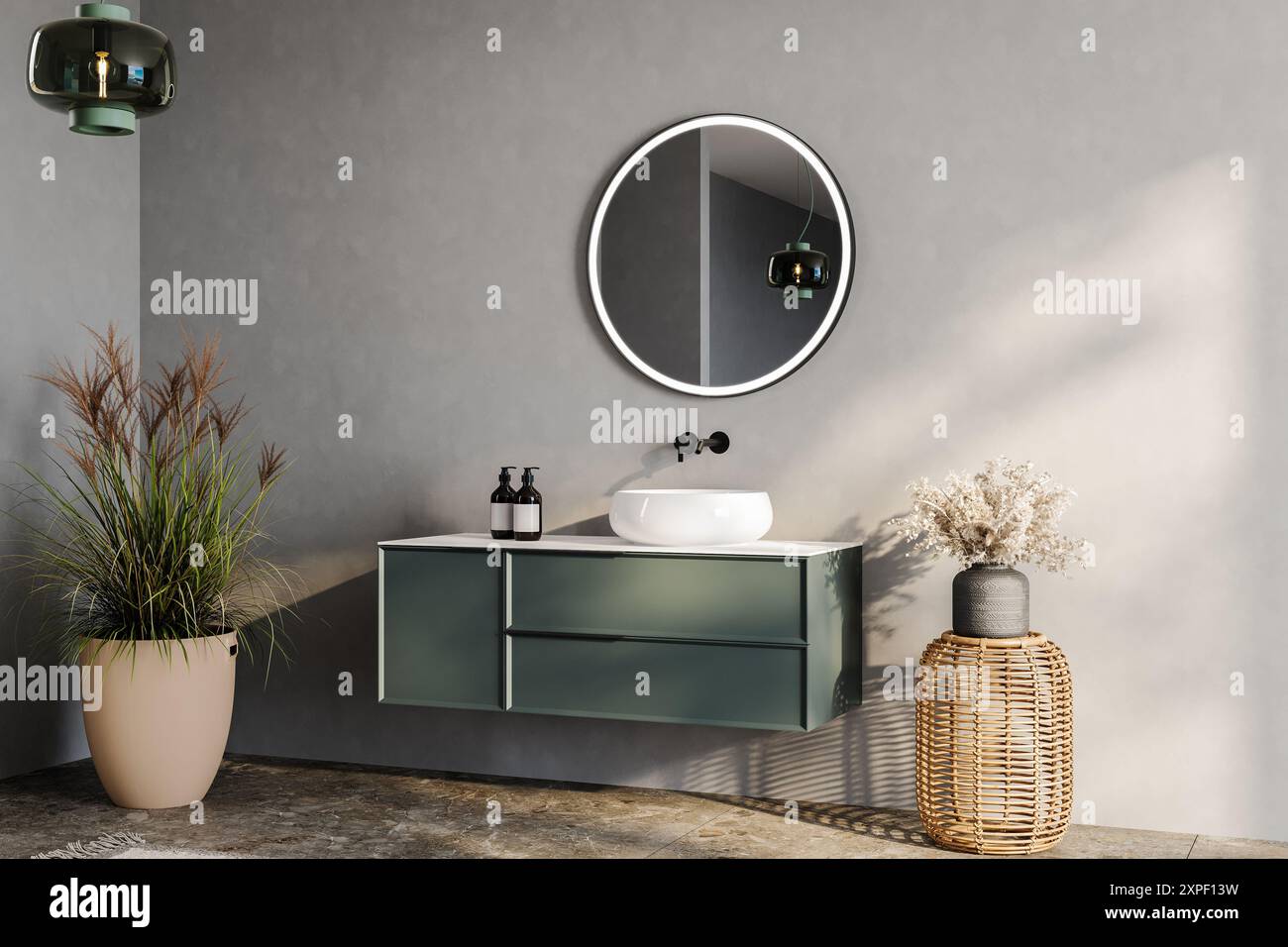 3D rendering of a modern bathroom with gray walls, white bathtub, green ...