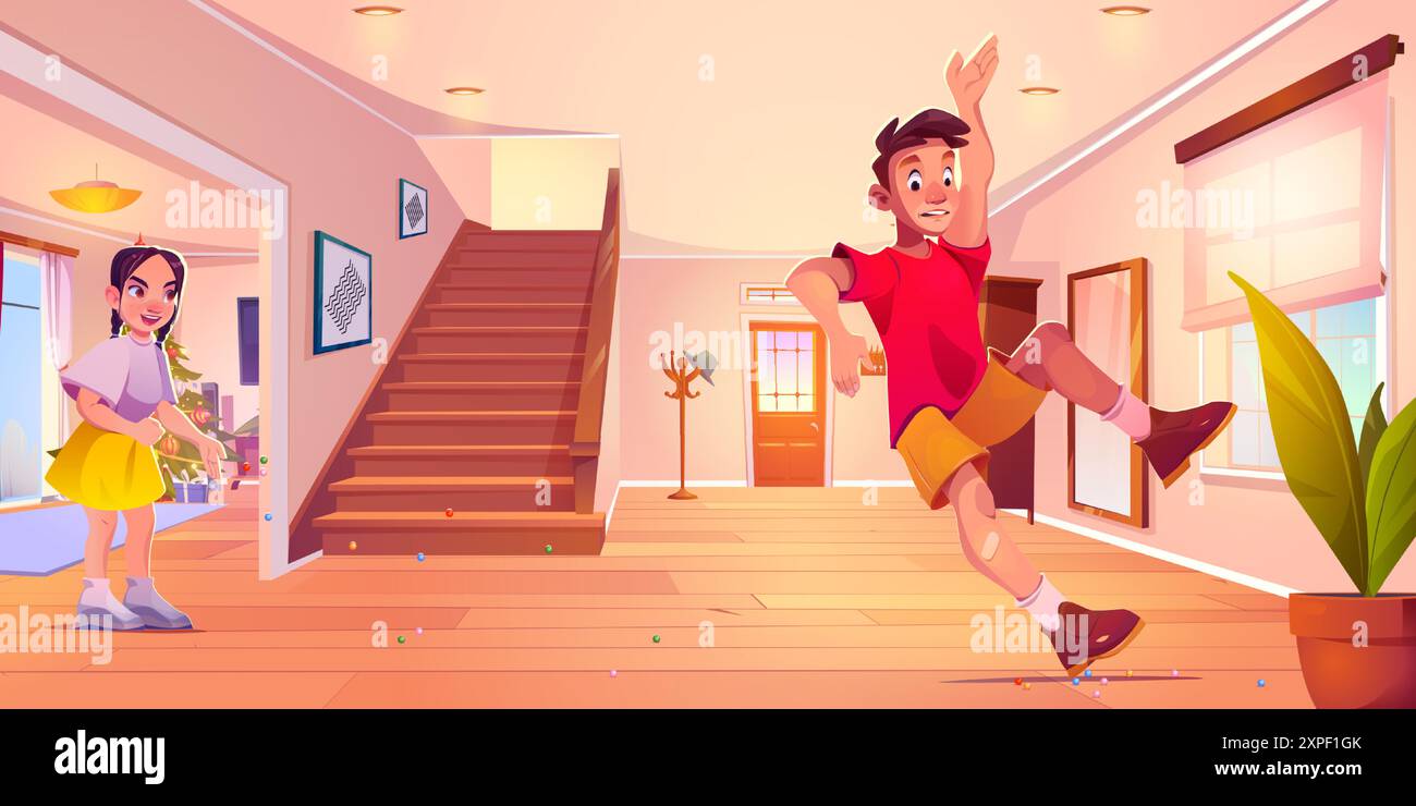 Teen girl committed bad deed scattering little balls on floor while guy walking or running and ...