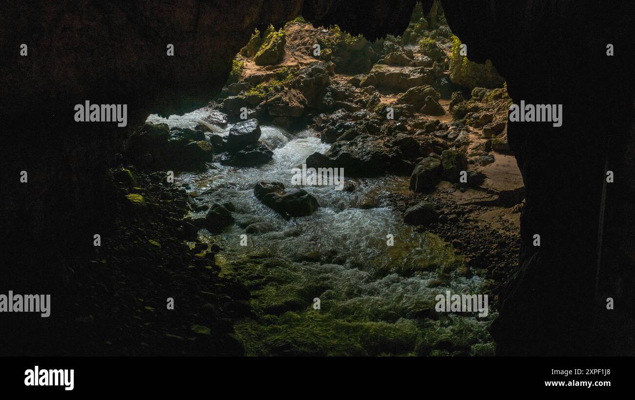 River flows through a dark cave opening, revealing a rocky landscape ...