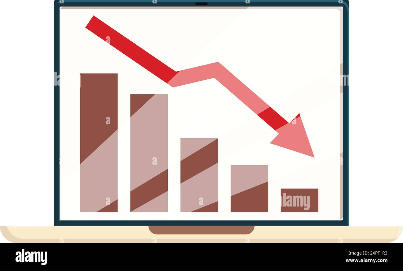 Laptop displaying a graph with a red arrow pointing down, illustrating ...