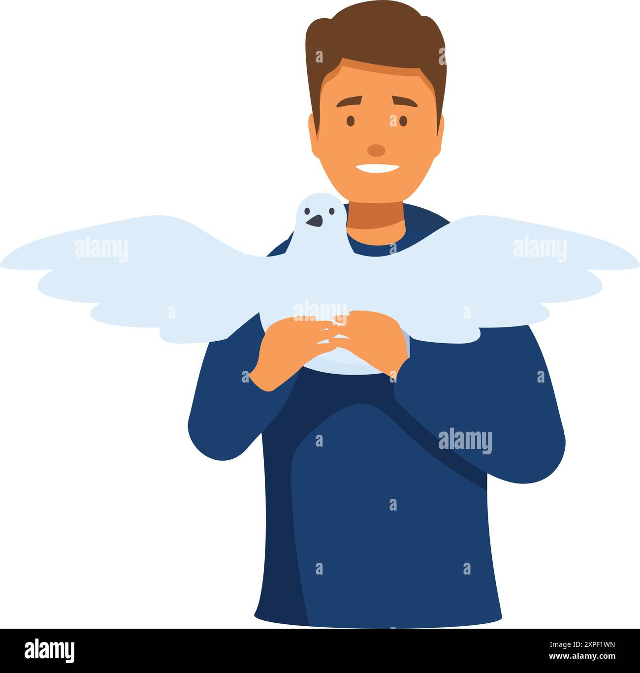 Young man is holding a white dove, a symbol of peace and freedom ...