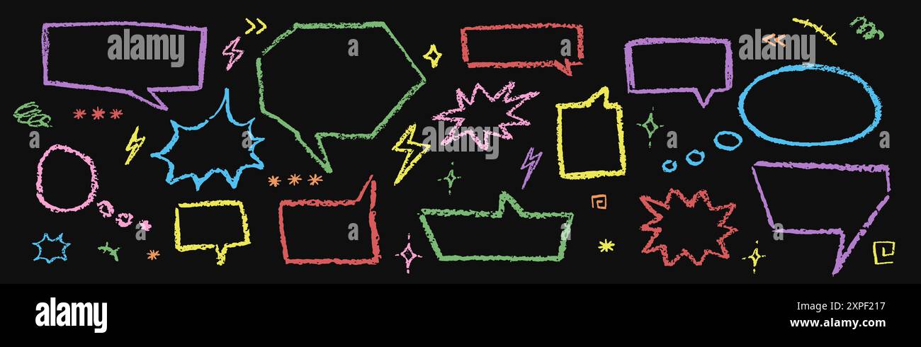 Speech bubbles crayon set. Collection of hand drawn chalk lightning ...