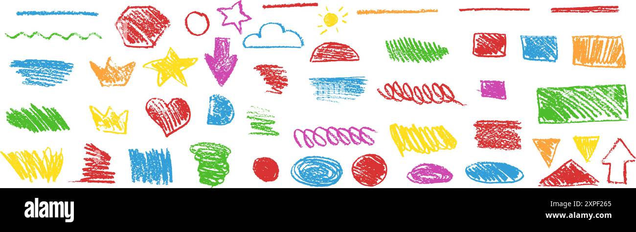 Colorful underline pencil hand drawn various ellipses, crowns, doodle ...