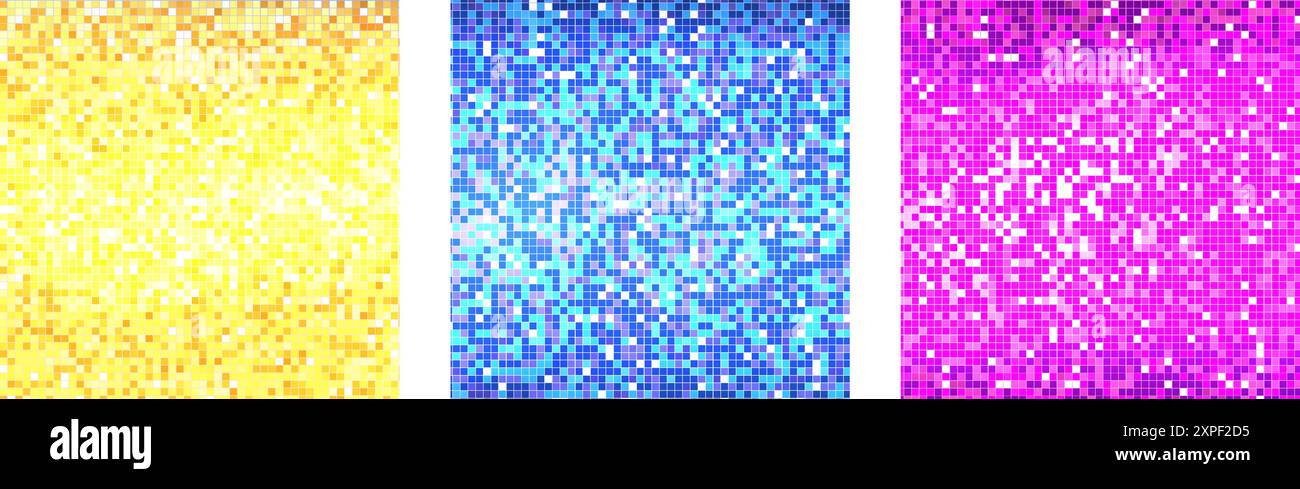 Disco ball colorful patterns collection. Purple, yellow and blue square ...